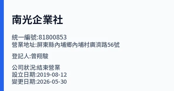 南光企業社的照片-統編 81800853(屏東縣) 公司登記資料與營業項目詳細圖表