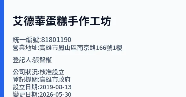 艾德華蛋糕手作工坊的照片-統編 81801190(高雄市) 公司登記資料與營業項目詳細圖表