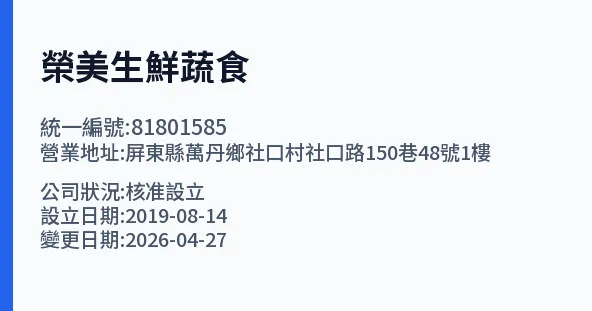 榮美生鮮蔬食的照片-統編 81801585(屏東縣) 公司登記資料與營業項目詳細圖表