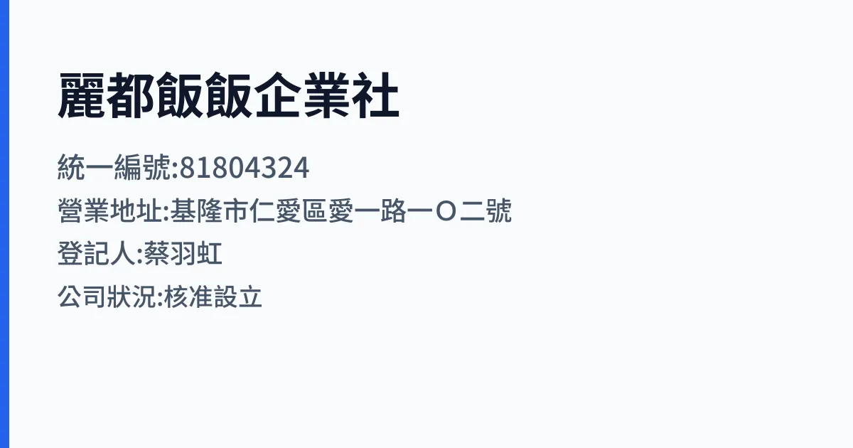 麗都飯飯企業社 - 統編 81804324(基隆市) 公司登記資料與營業項目詳細圖表