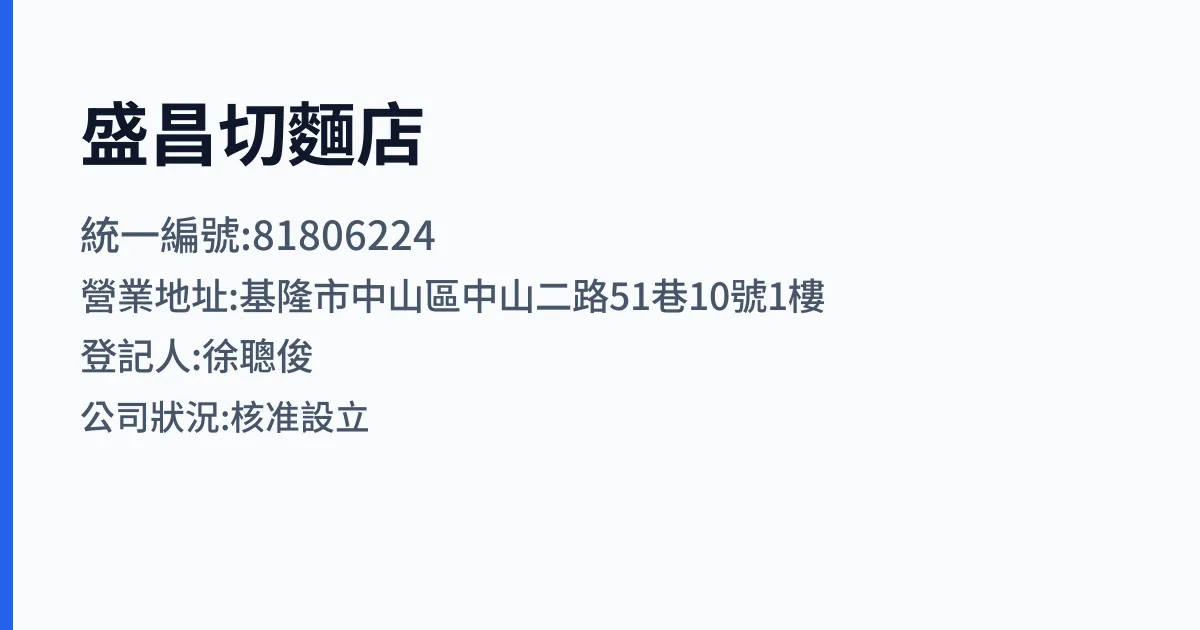 盛昌切麵店 - 統編 81806224(基隆市) 公司登記資料與營業項目詳細圖表