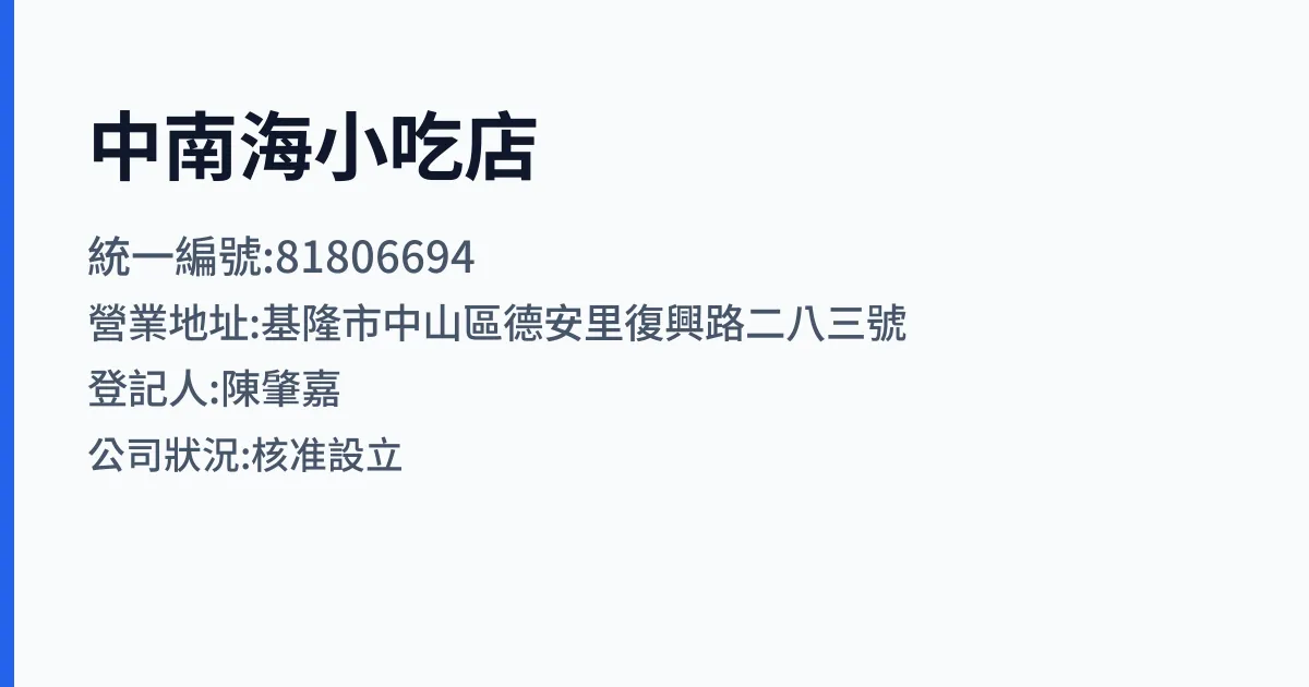 中南海小吃店 - 統編 81806694(基隆市) 公司登記資料與營業項目詳細圖表