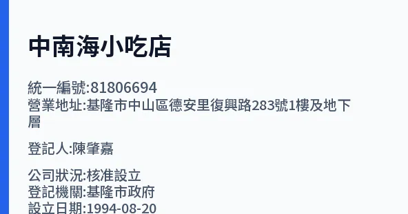 中南海小吃店的照片-統編 81806694(基隆市) 公司登記資料與營業項目詳細圖表
