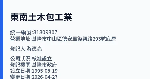 東南土木包工業的照片-統編 81809307(基隆市) 公司登記資料與營業項目詳細圖表