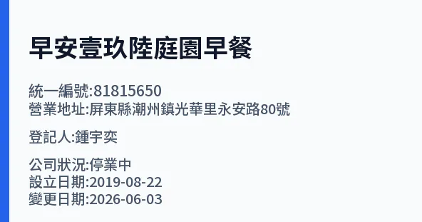 早安壹玖陸庭園早餐的照片-統編 81815650(屏東縣) 公司登記資料與營業項目詳細圖表