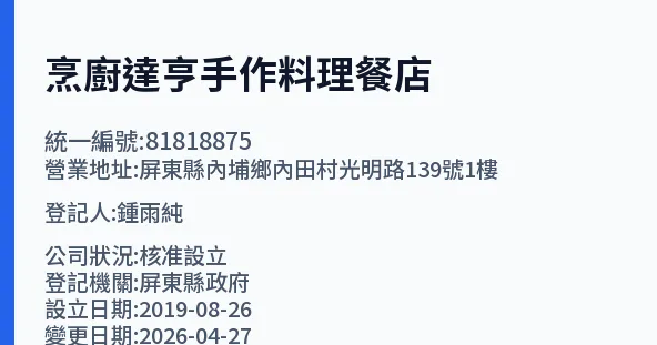 烹廚達亨手作料理餐店的照片-統編 81818875(屏東縣) 公司登記資料與營業項目詳細圖表