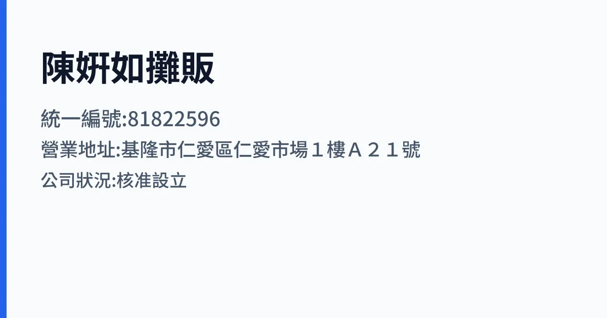 陳姸如攤販 - 統編 81822596(基隆市) 公司登記資料與營業項目詳細圖表