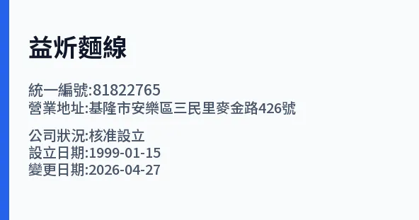 益炘麵線的照片-統編 81822765(基隆市) 公司登記資料與營業項目詳細圖表
