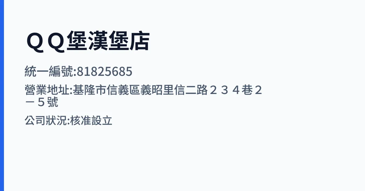 ＱＱ堡漢堡店 - 統編 81825685(基隆市) 公司登記資料與營業項目詳細圖表
