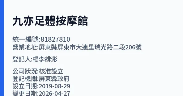 九亦足體按摩館的照片-統編 81827810(屏東縣) 公司登記資料與營業項目詳細圖表