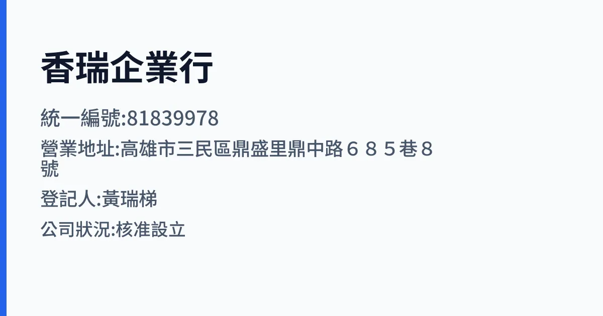 香瑞企業行 - 統編 81839978(高雄市) 公司登記資料與營業項目詳細圖表