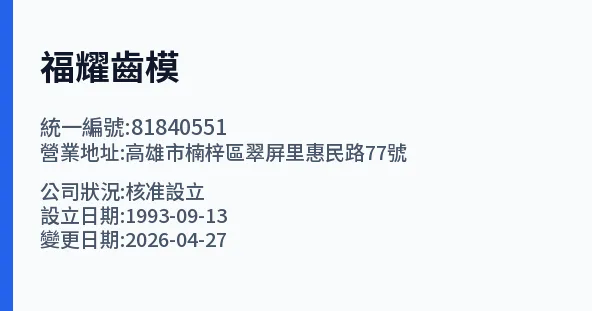 福耀齒模的照片-統編 81840551(高雄市) 公司登記資料與營業項目詳細圖表