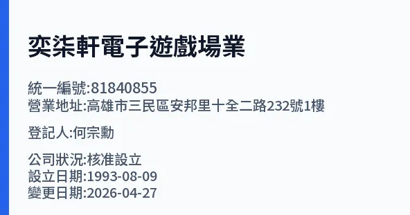 奕柒軒電子遊戲場業的照片-統編 81840855(高雄市) 公司登記資料與營業項目詳細圖表