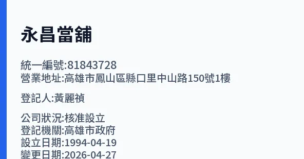 永昌當舖的照片-統編 81843728(高雄市) 公司登記資料與營業項目詳細圖表