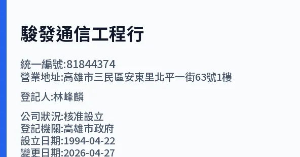 駿發通信工程行的照片-統編 81844374(高雄市) 公司登記資料與營業項目詳細圖表