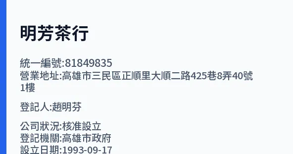 明芳茶行的照片-統編 81849835(高雄市) 公司登記資料與營業項目詳細圖表