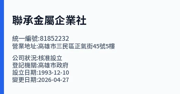 聯承金屬企業社的照片-統編 81852232(高雄市) 公司登記資料與營業項目詳細圖表