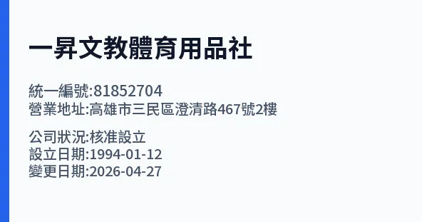 一昇文教體育用品社的照片-統編 81852704(高雄市) 公司登記資料與營業項目詳細圖表