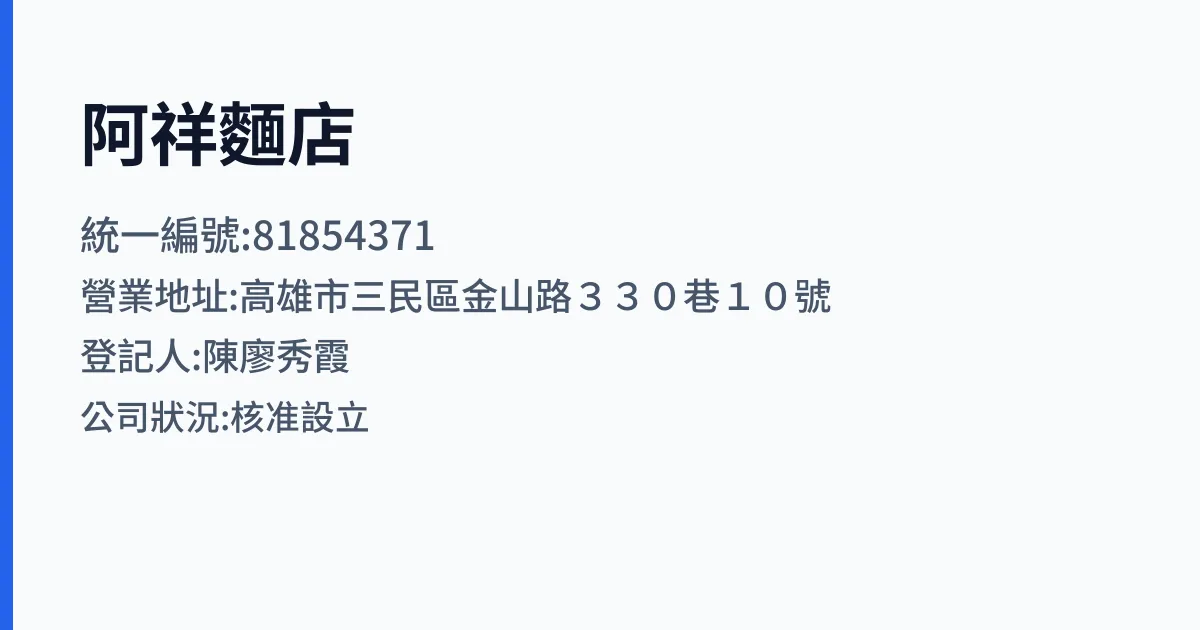 阿祥麵店 - 統編 81854371(高雄市) 公司登記資料與營業項目詳細圖表