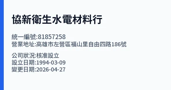 協新衛生水電材料行的照片-統編 81857258(高雄市) 公司登記資料與營業項目詳細圖表