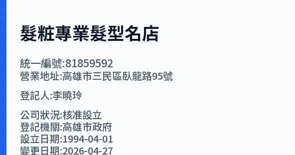 髮粧專業髮型名店的照片-統編 81859592(高雄市) 公司登記資料與營業項目詳細圖表