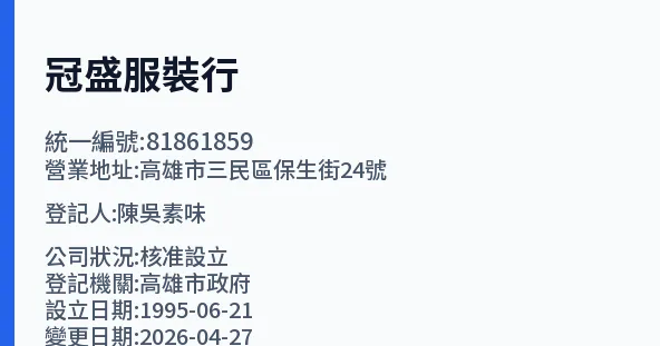 冠盛服裝行的照片-統編 81861859(高雄市) 公司登記資料與營業項目詳細圖表