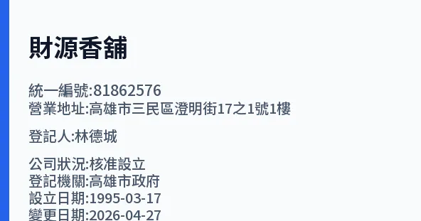 財源香舖的照片-統編 81862576(高雄市) 公司登記資料與營業項目詳細圖表