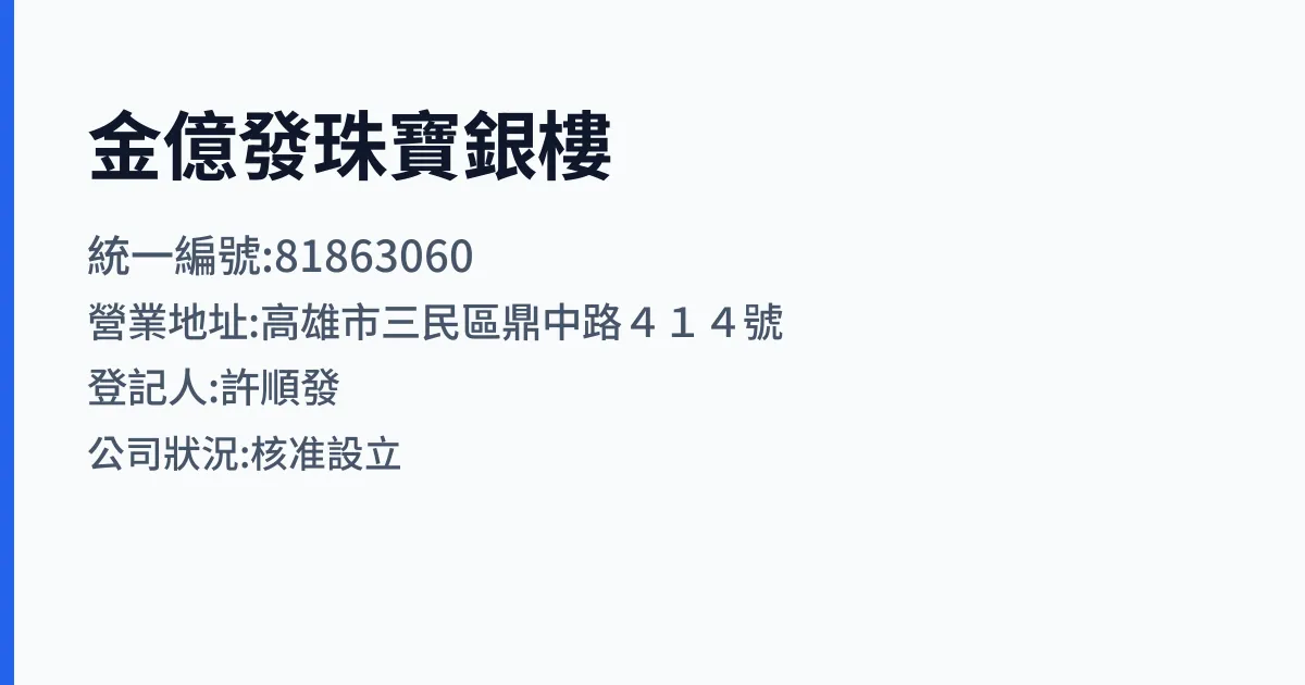 金億發珠寶銀樓 - 統編 81863060(高雄市) 公司登記資料與營業項目詳細圖表