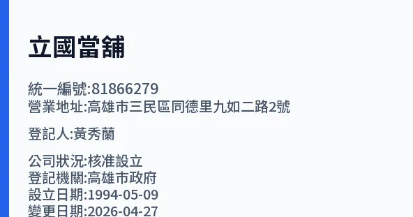 立國當舖的照片-統編 81866279(高雄市) 公司登記資料與營業項目詳細圖表
