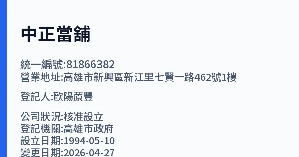 中正當舖的照片-統編 81866382(高雄市) 公司登記資料與營業項目詳細圖表