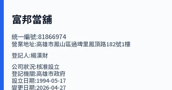 富邦當舖的照片-統編 81866974(高雄市) 公司登記資料與營業項目詳細圖表