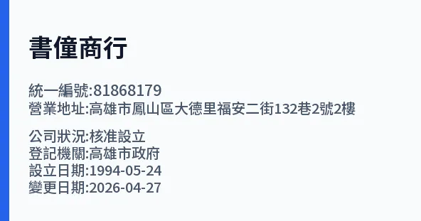 書僮商行的照片-統編 81868179(高雄市) 公司登記資料與營業項目詳細圖表