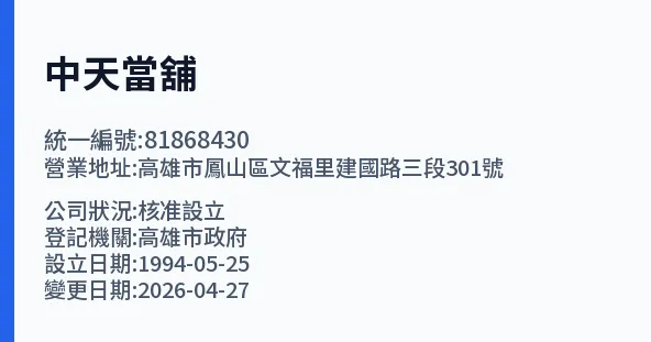 中天當舖的照片-統編 81868430(高雄市) 公司登記資料與營業項目詳細圖表