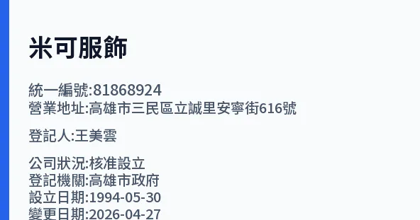 米可服飾的照片-統編 81868924(高雄市) 公司登記資料與營業項目詳細圖表