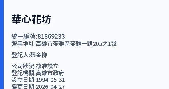 華心花坊的照片-統編 81869233(高雄市) 公司登記資料與營業項目詳細圖表
