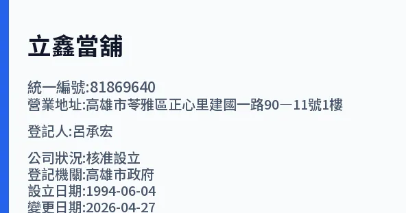 立鑫當舖的照片-統編 81869640(高雄市) 公司登記資料與營業項目詳細圖表