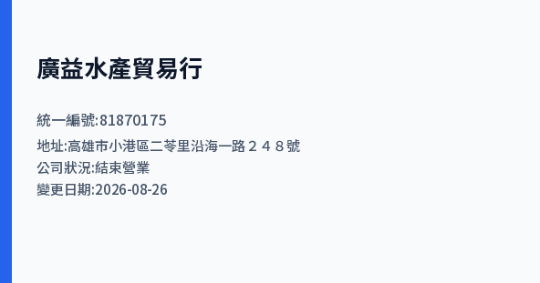 廣益水產貿易行的照片-統編 81870175(高雄市) 公司登記資料與營業項目詳細圖表