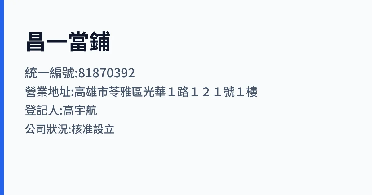 昌一當鋪 - 統編 81870392(高雄市) 公司登記資料與營業項目詳細圖表