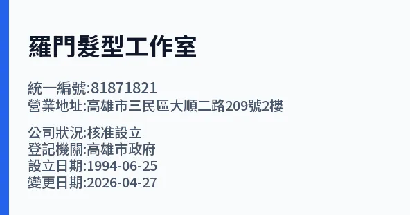 羅門髮型工作室的照片-統編 81871821(高雄市) 公司登記資料與營業項目詳細圖表