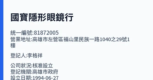 國寶隱形眼鏡行的照片-統編 81872005(高雄市) 公司登記資料與營業項目詳細圖表