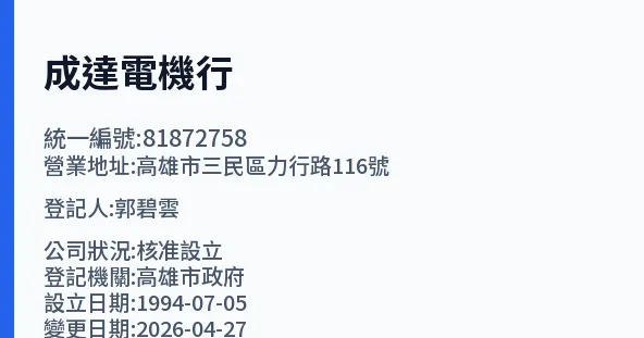 成達電機行的照片-統編 81872758(高雄市) 公司登記資料與營業項目詳細圖表
