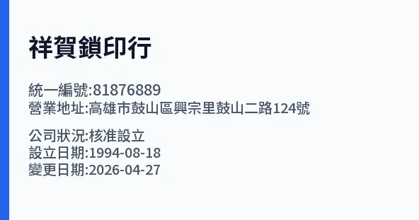 祥賀鎖印行的照片-統編 81876889(高雄市) 公司登記資料與營業項目詳細圖表