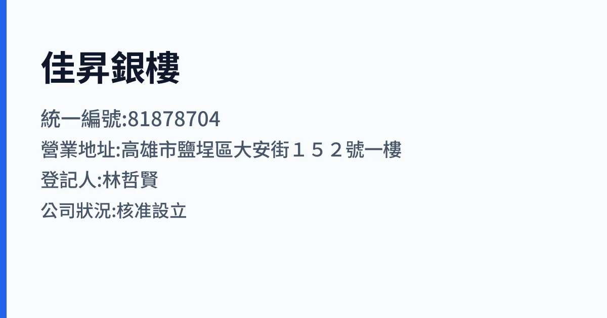 佳昇銀樓 - 統編 81878704(高雄市) 公司登記資料與營業項目詳細圖表
