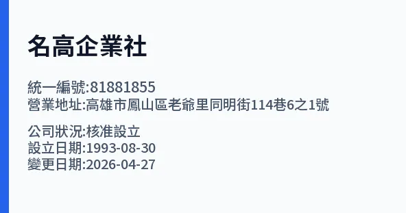 名高企業社的照片-統編 81881855(高雄市) 公司登記資料與營業項目詳細圖表