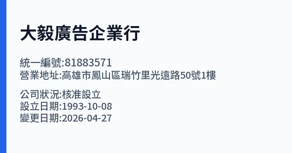 大毅廣告企業行的照片-統編 81883571(高雄市) 公司登記資料與營業項目詳細圖表