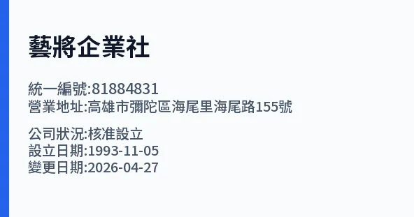 藝將企業社的照片-統編 81884831(高雄市) 公司登記資料與營業項目詳細圖表