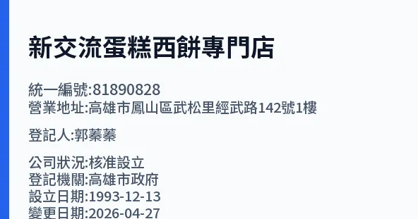 新交流蛋糕西餅專門店的照片-統編 81890828(高雄市) 公司登記資料與營業項目詳細圖表