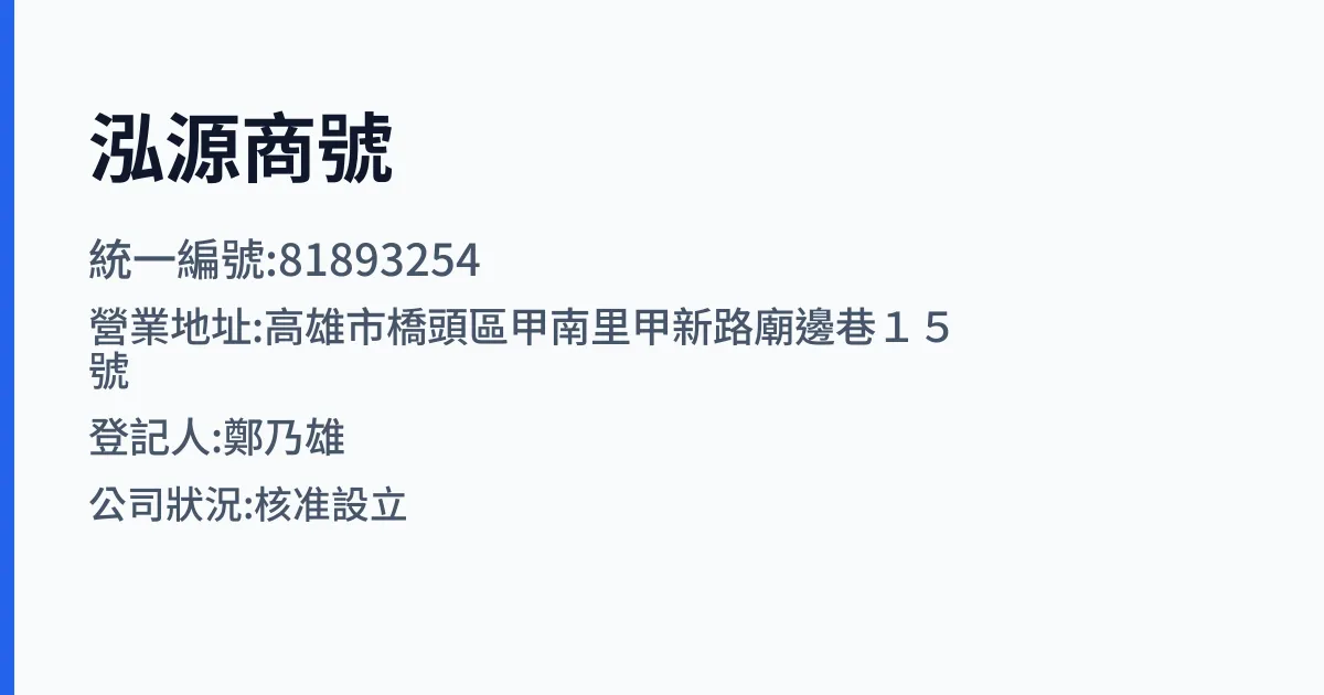 泓源商號 - 統編 81893254(高雄市) 公司登記資料與營業項目詳細圖表
