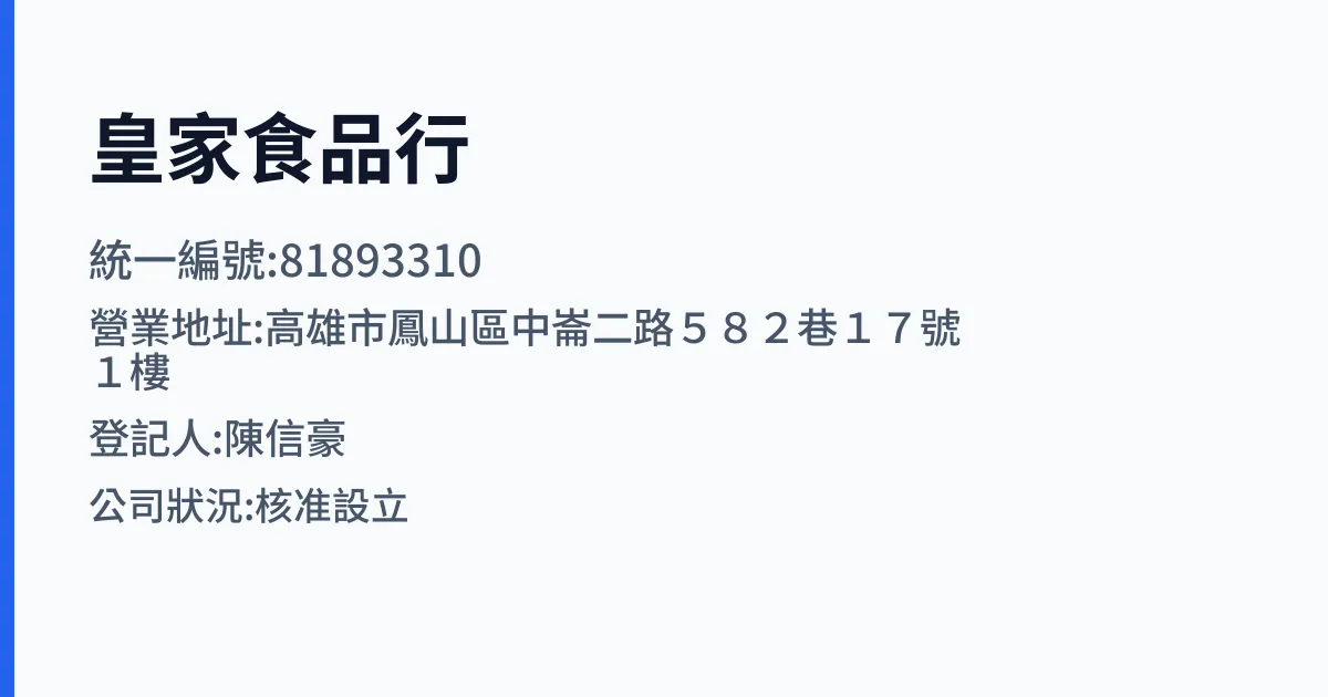 皇家食品行 - 統編 81893310(高雄市) 公司登記資料與營業項目詳細圖表