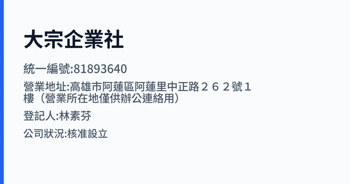 大宗企業社 - 統編 81893640(高雄市) 公司登記資料與營業項目詳細圖表